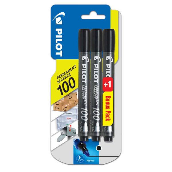 Pilot SCA-100 Permanent Black Bullet Marker 2+1 Free Blister Carded ...